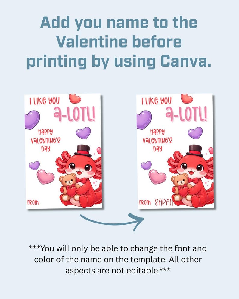 Axolotl Printable Valentine Template for Canva - Etsy
