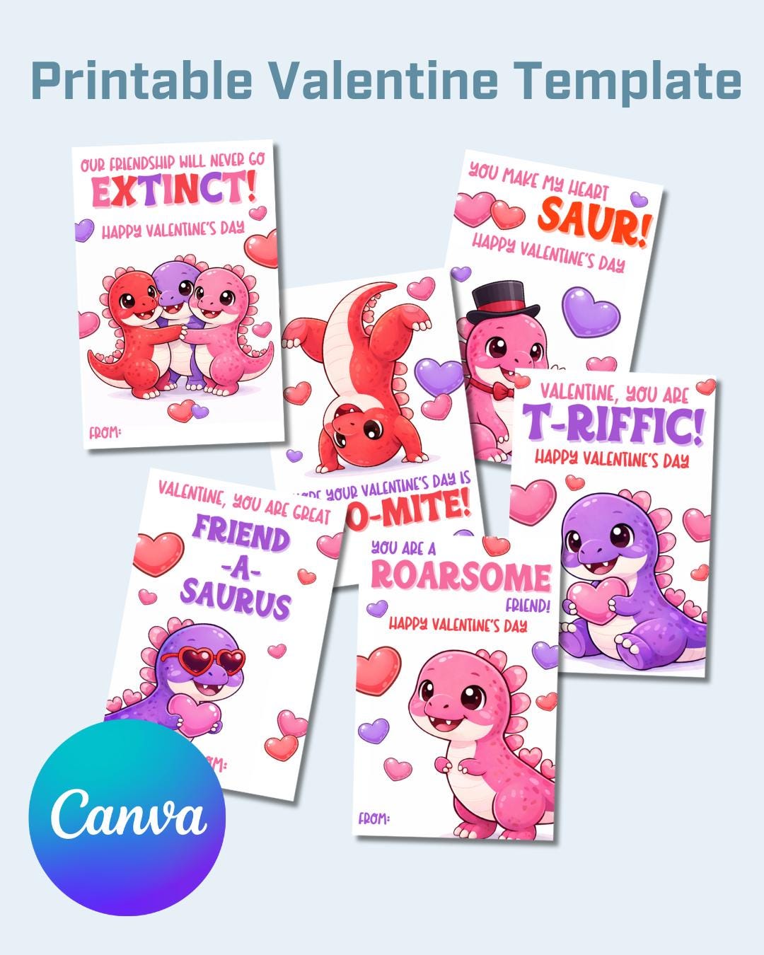 Dinosaur Printable Valentine Template for Canva - Etsy