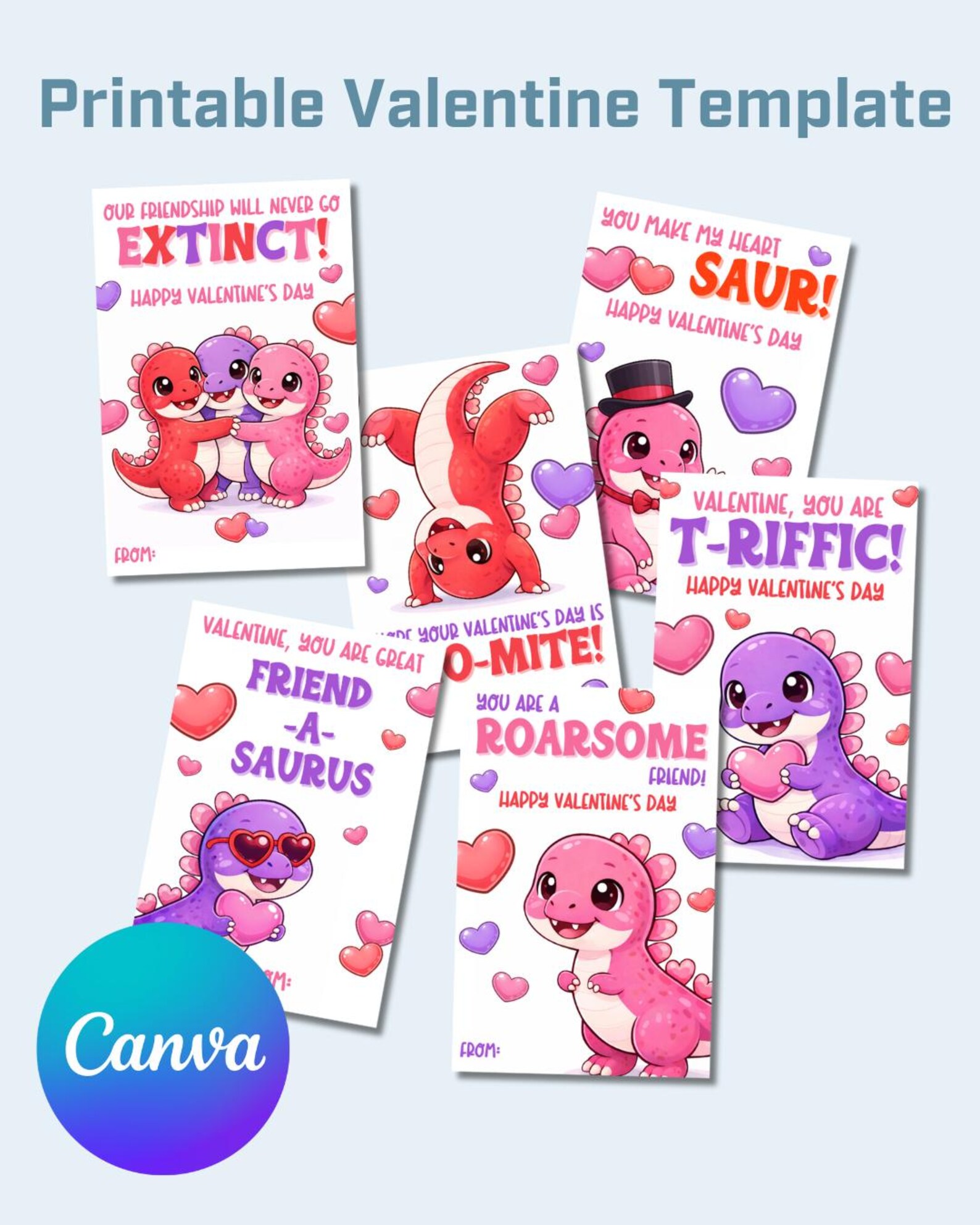 Dinosaur Printable Valentine Template for Canva - Etsy