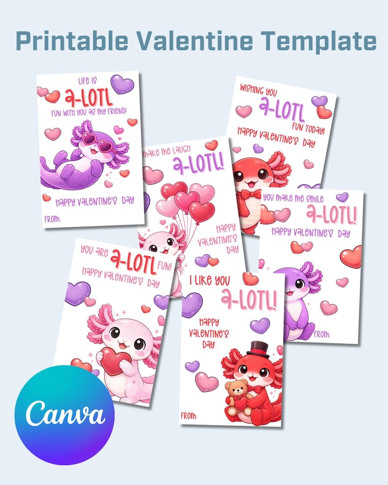 Axolotl Printable Valentine Template for Canva - Etsy