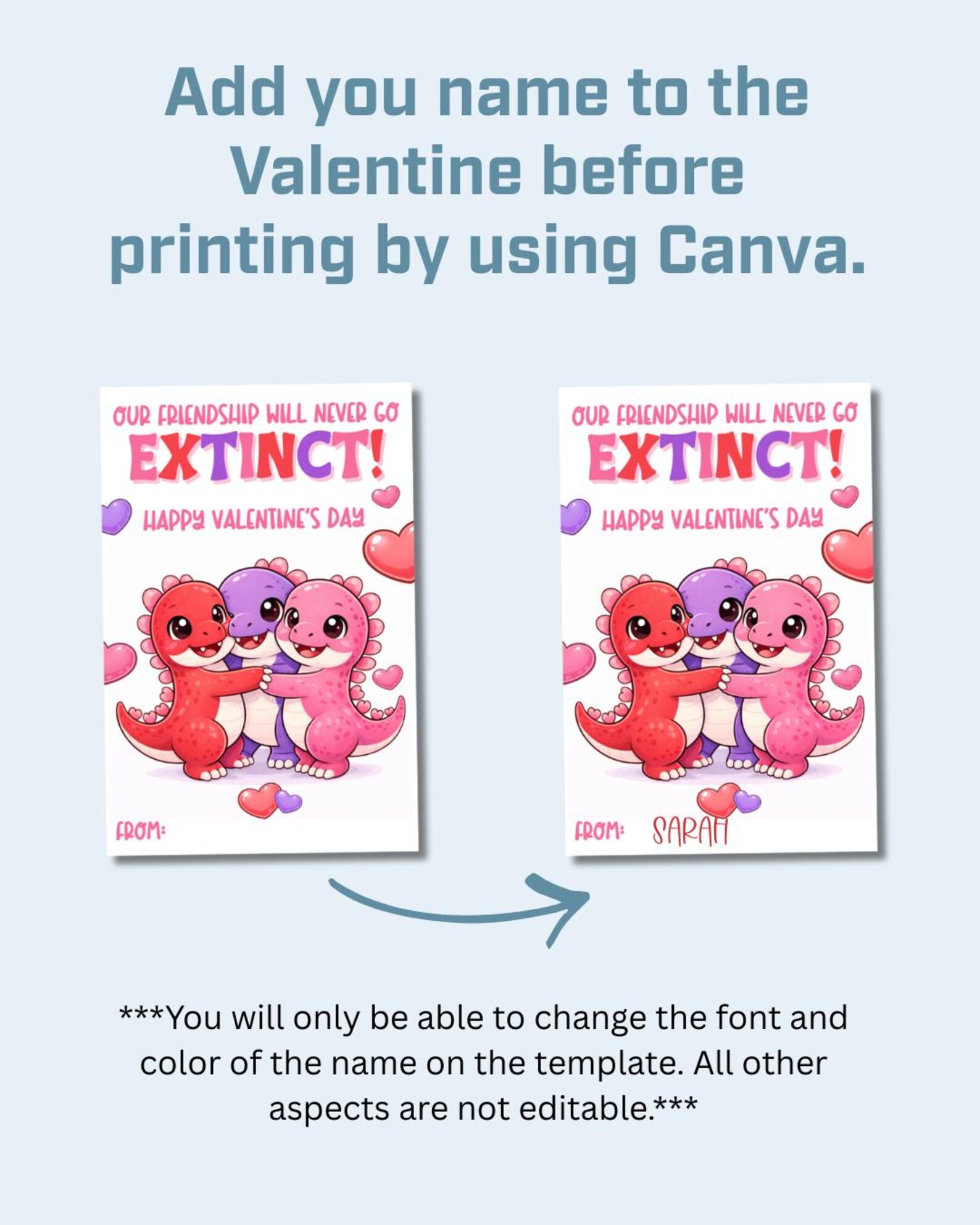 Dinosaur Printable Valentine Template for Canva - Etsy