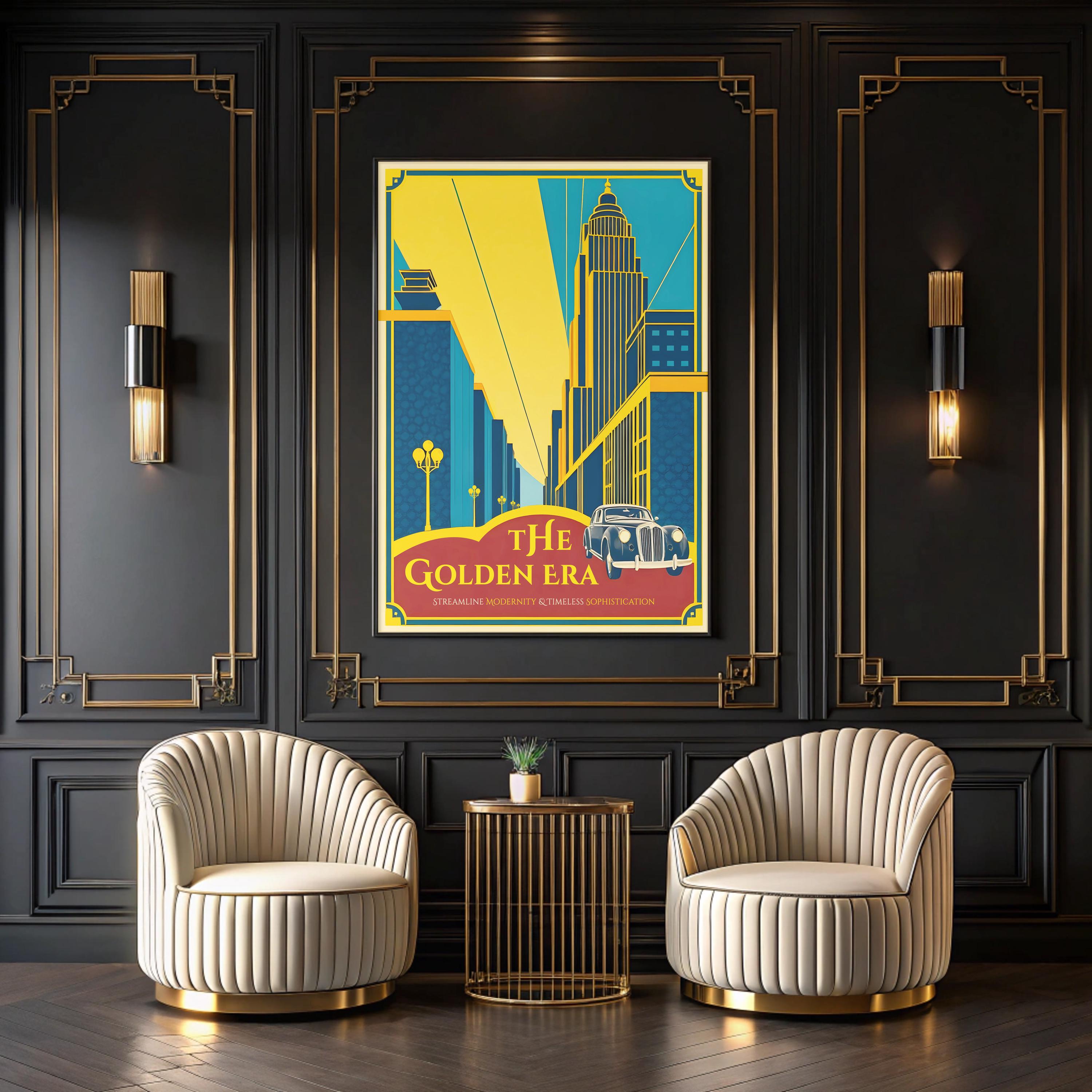 1930s Streamline Moderne Art Deco Poster | Golden & Blue Vintage Design ...