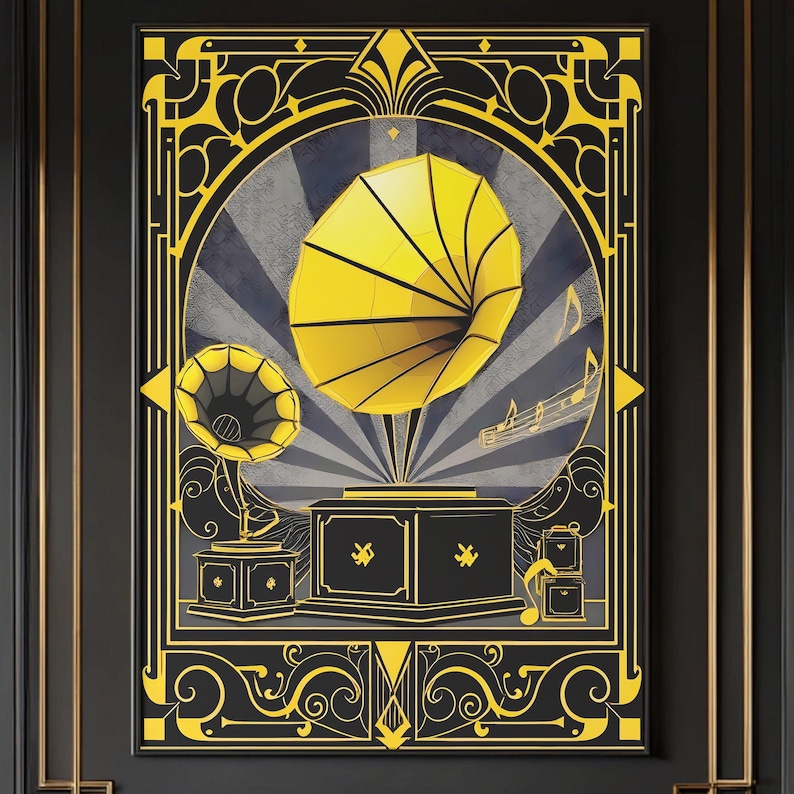 1920s Art Deco Poster | Gold & Black Gramophone Design | Vintage ...
