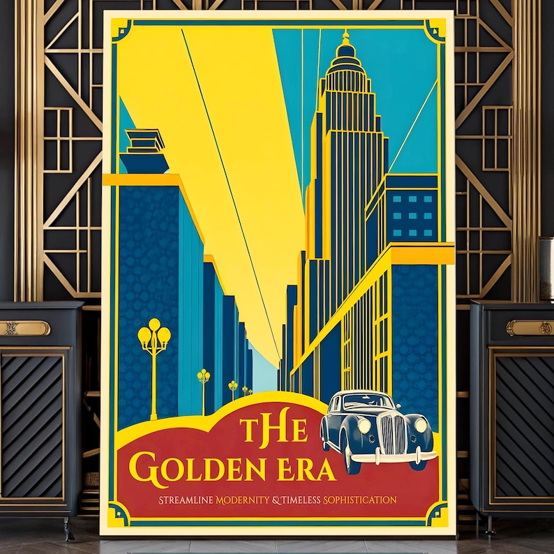 1930s Streamline Moderne Art Deco Poster | Golden & Blue Vintage Design ...