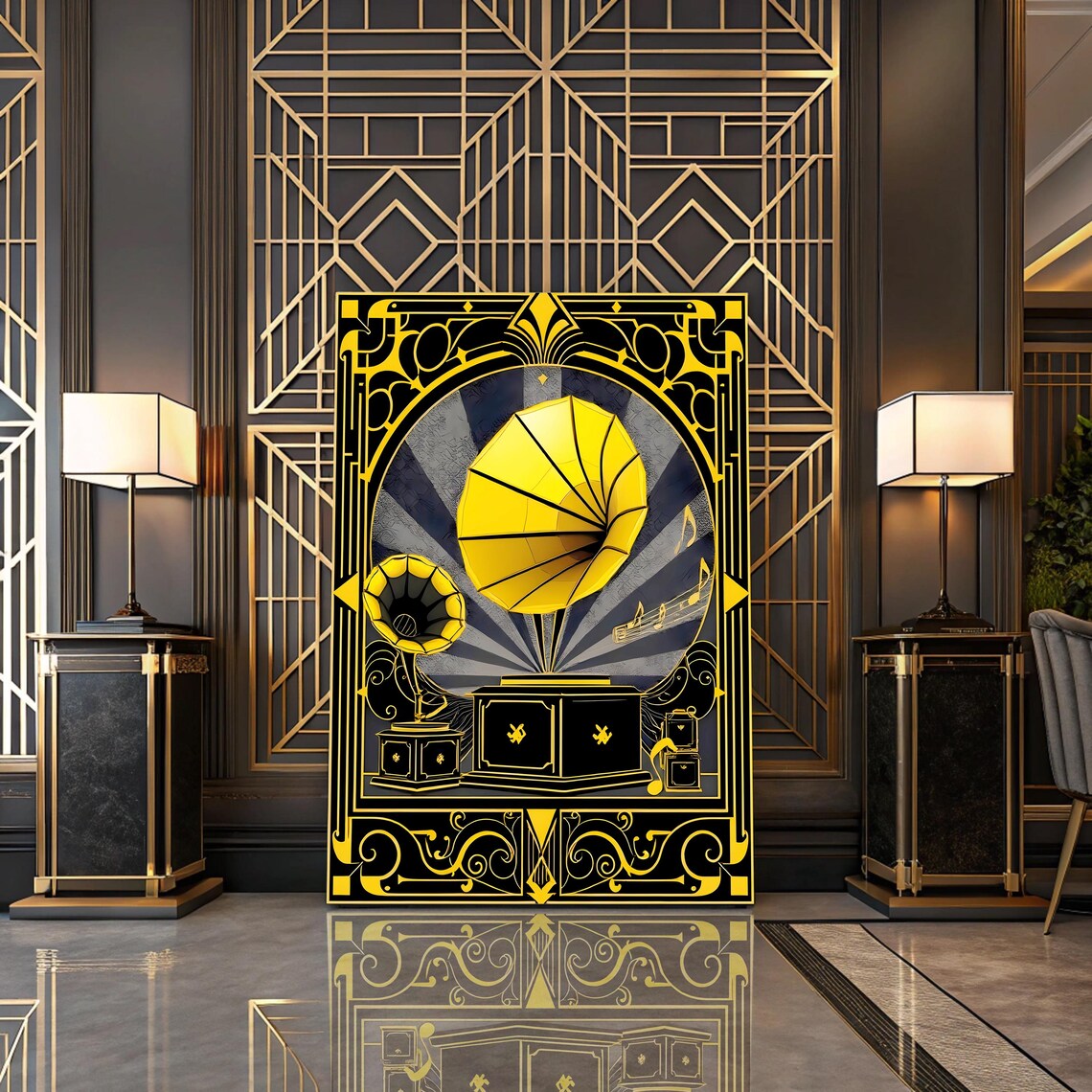1920s Art Deco Poster | Gold & Black Gramophone Design | Vintage ...