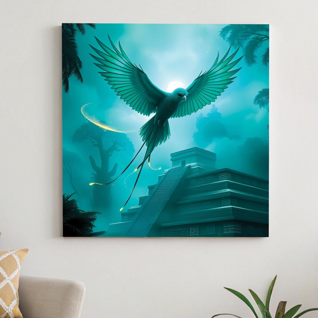 Mayan Quetzal Canvas Wall Art | Mystical Jungle Bird Print | Turquoise ...