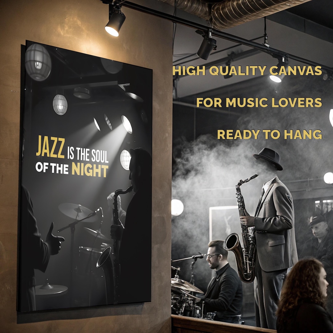 Vintage Jazz Club Art Print Saxophone & Drummer Scene Matte Canvas ...