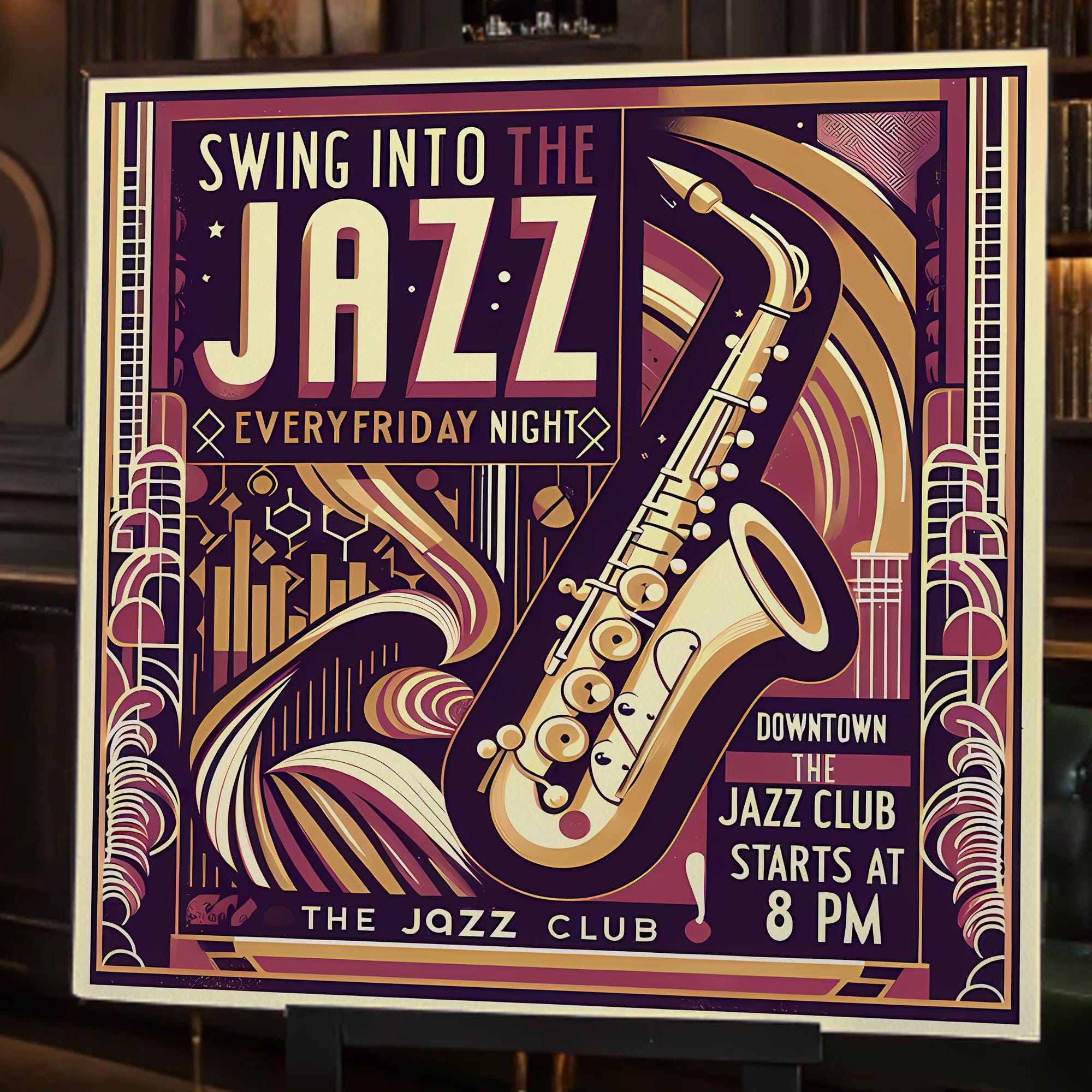 Swing Into the Jazz Poster | Retro 1950s Jazz Club Art | Saxophone ...