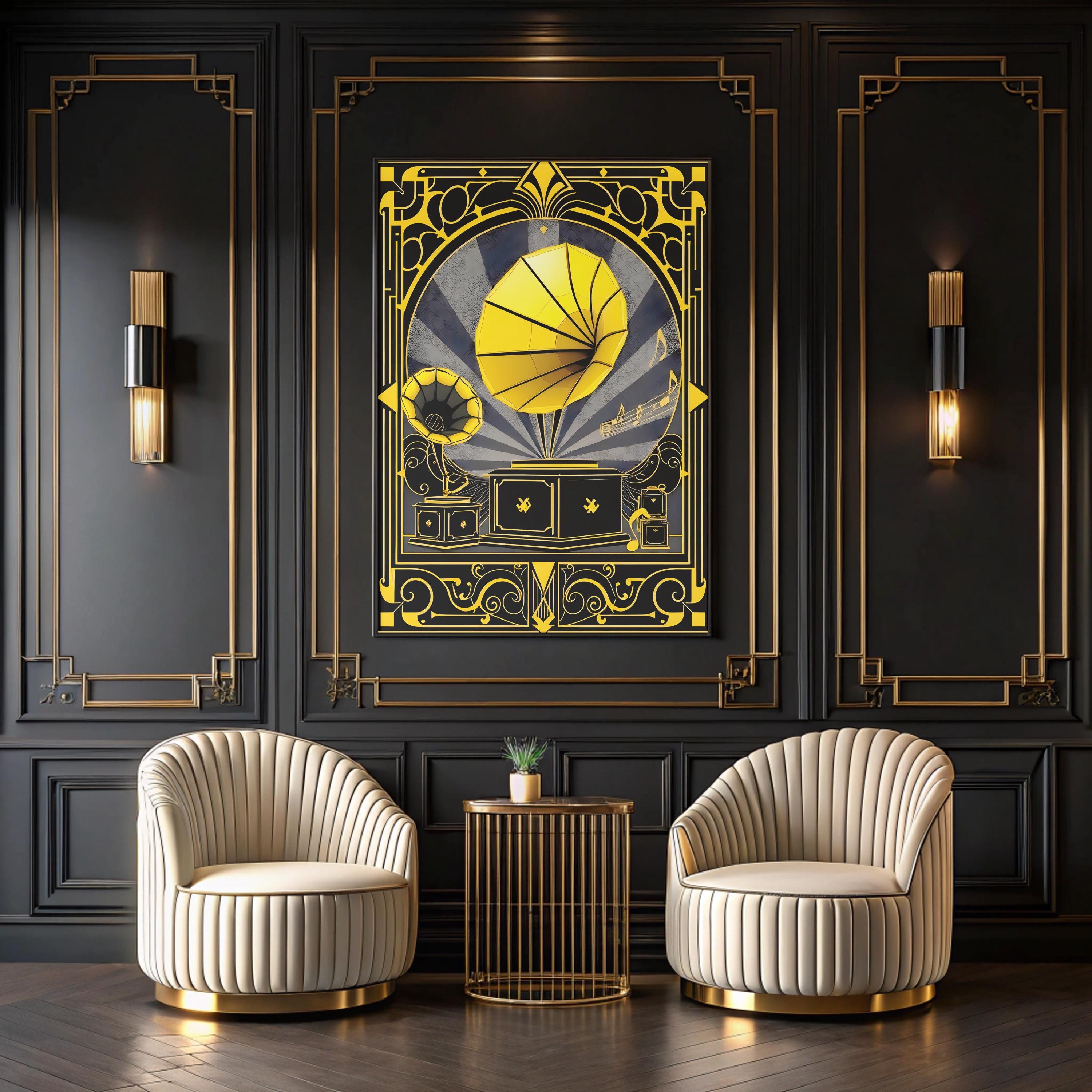 1920s Art Deco Poster | Gold & Black Gramophone Design | Vintage ...