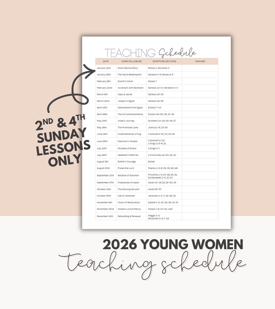 2026 LDS Young Women Lesson Schedule Printable (PDF) - Etsy