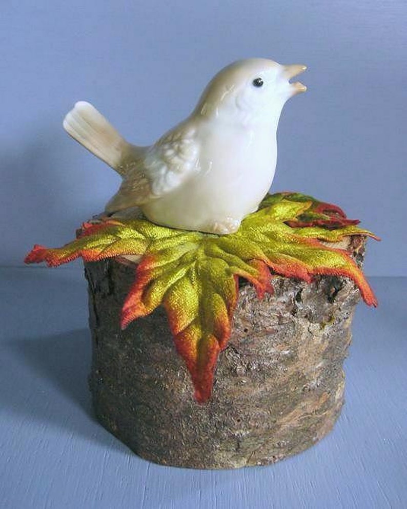 Autumn Leaf Decor Vintage Bird Figurine Perched on Reclaimed Wood ...