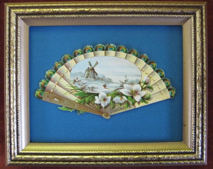 Antique Paper Fan Peacock Blue Victorian Ephemera Framed Romantic Home ...