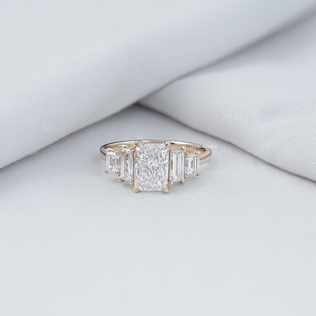 Five Stone Radiant Cut Lab Diamond Engagement Ring, Side Baguette Cut ...