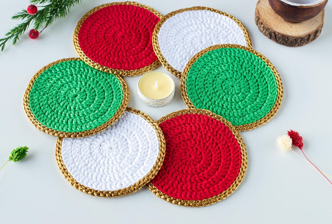 Christmas Coasters Set – Handmade Crochet Drink Coasters With Golden ...