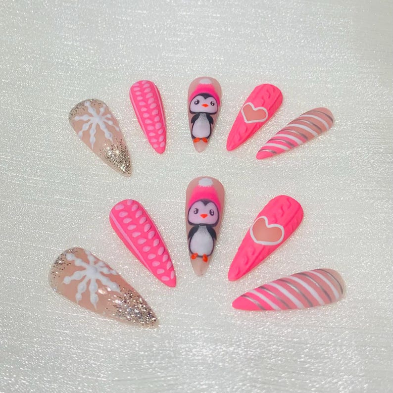 Handmade Hand Painted Press-on Nails, Christmas Nails, Pink Nails ...