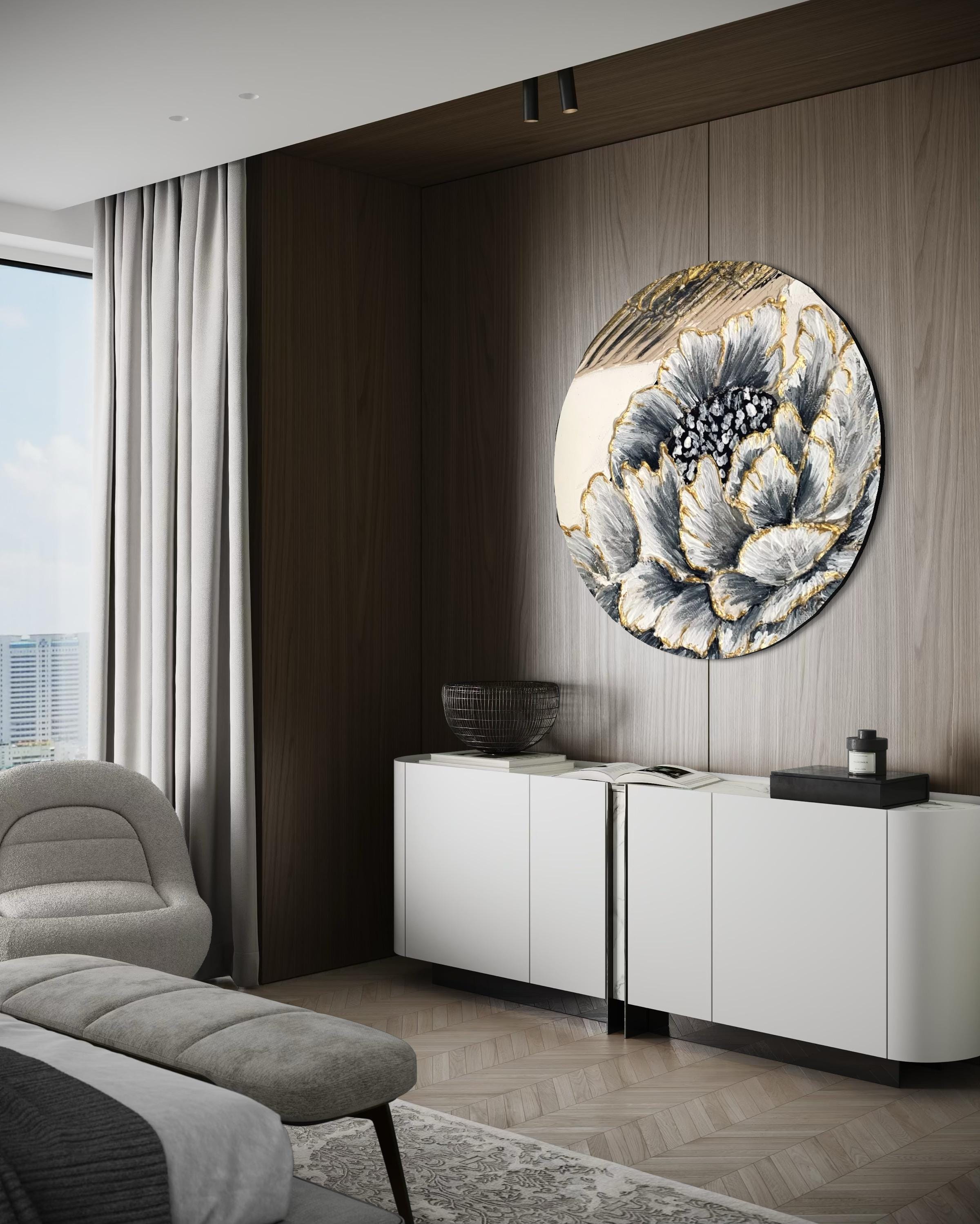 FLOWER Beige Wall Art Circle Modern Textured Art Plaster Art 3D ...