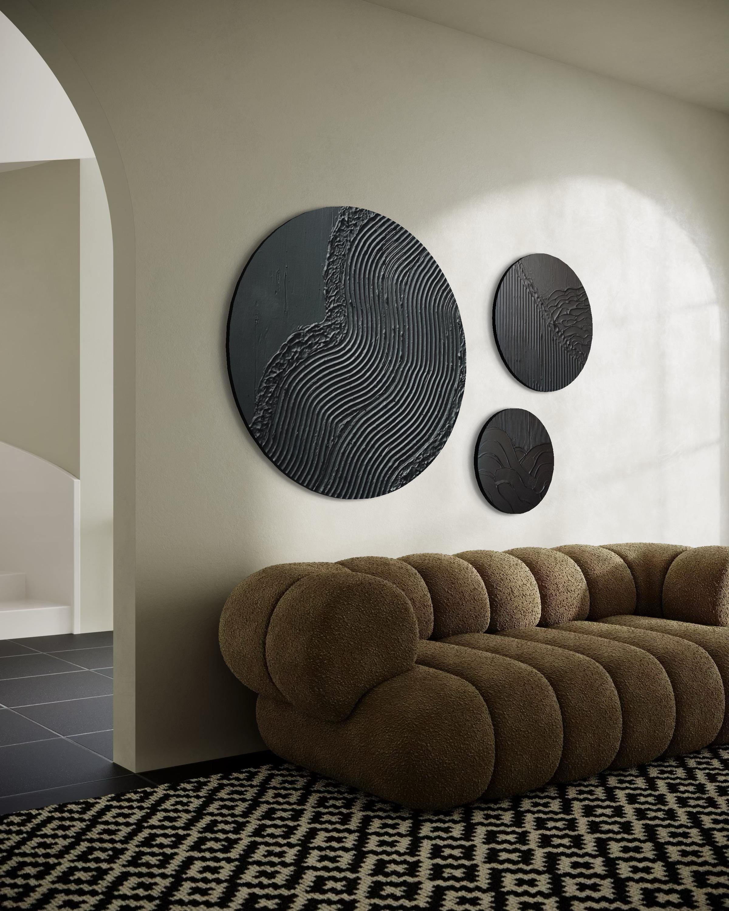 TRIO BLACK Wall Art Set of 3 Circle Triptych Modern Textured Art ...
