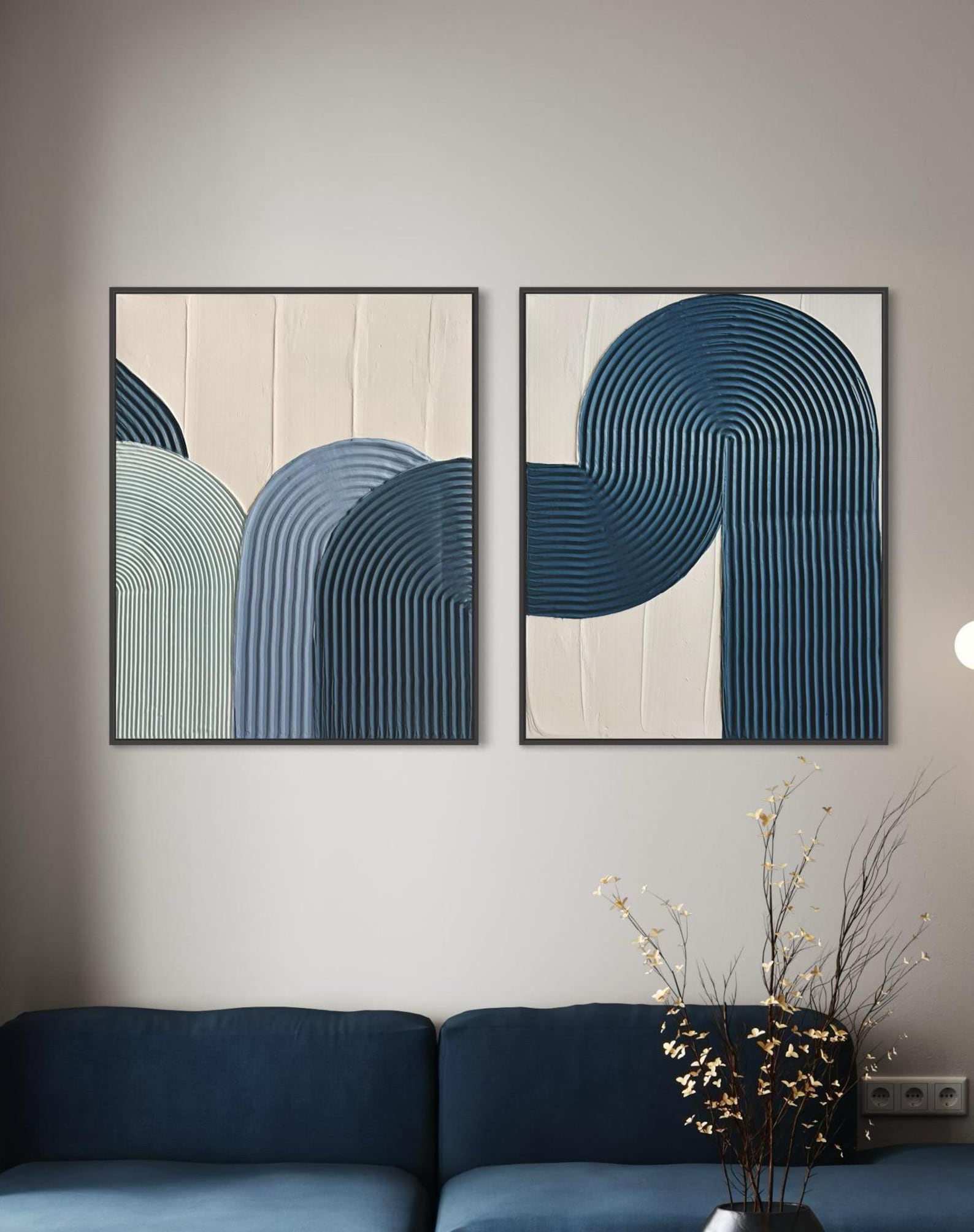 ZEN ARCH III Set of 2 Blue Navy White Diptych Wall Art Modern Textured ...