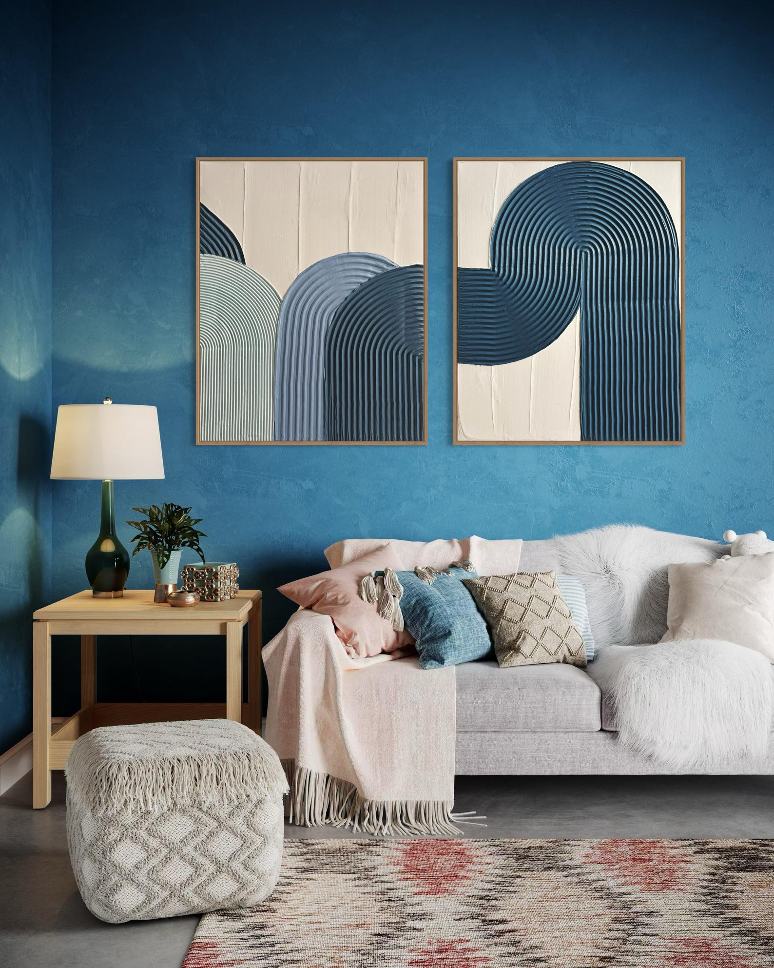 ZEN ARCH III Set of 2 Blue Navy White Diptych Wall Art Modern Textured ...