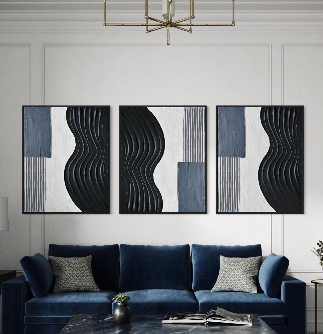 GEOMETRIC Set of 3 Grey Black Wall Art Modern Textured Art Plaster Art ...