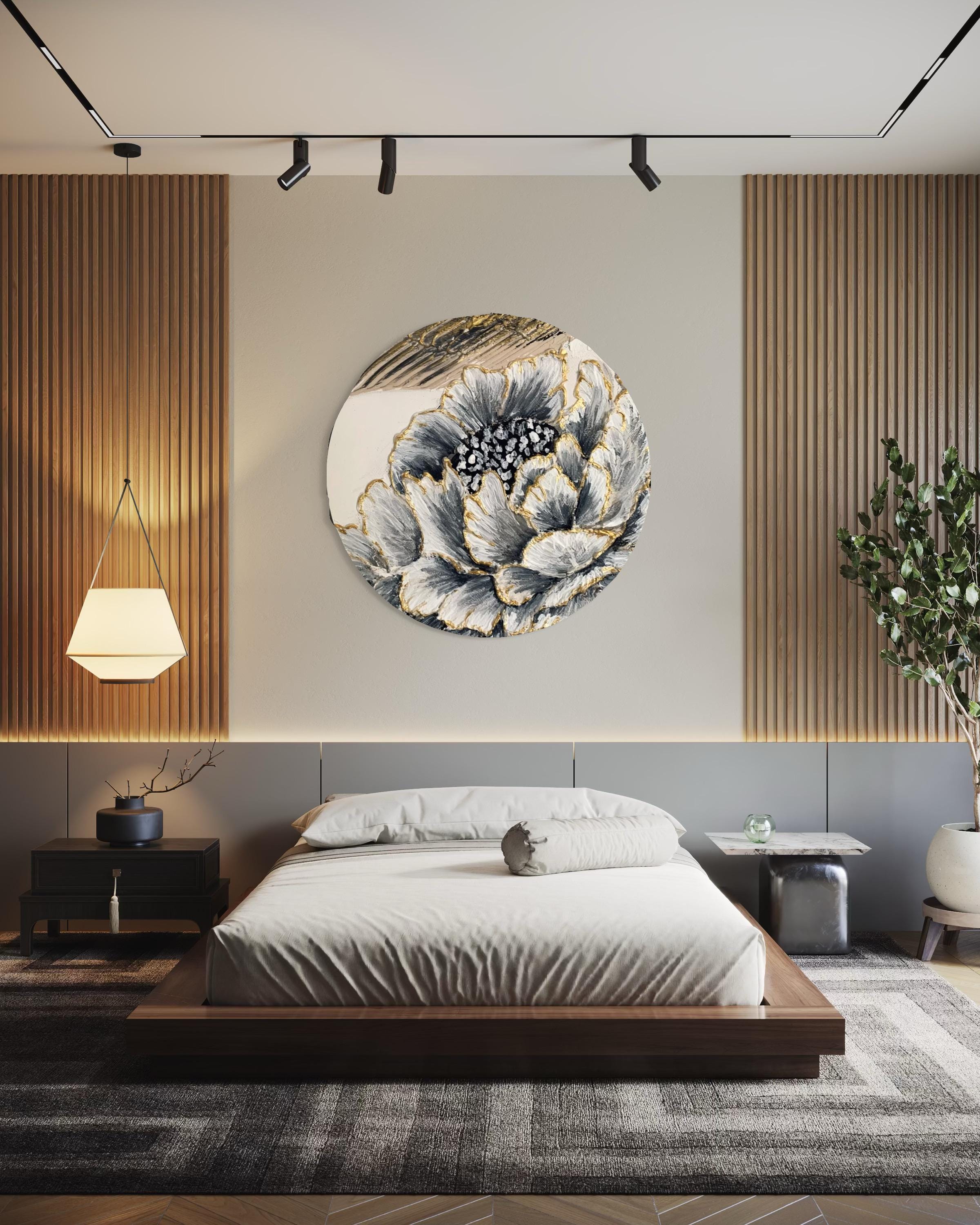 FLOWER Beige Wall Art Circle Modern Textured Art Plaster Art 3D ...