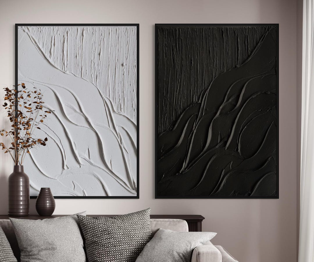 AVALANCHE Set of 2 White Black Diptych Wall Art Modern Textured Art ...