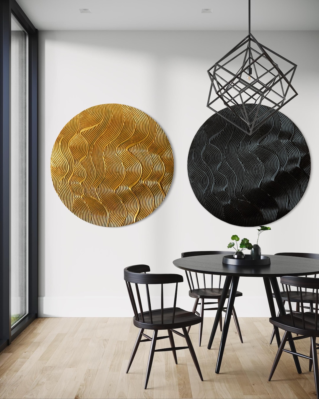 RHEA Gold BLACK Set of 2 Diptych Wall Art Circle Modern Textured Art ...