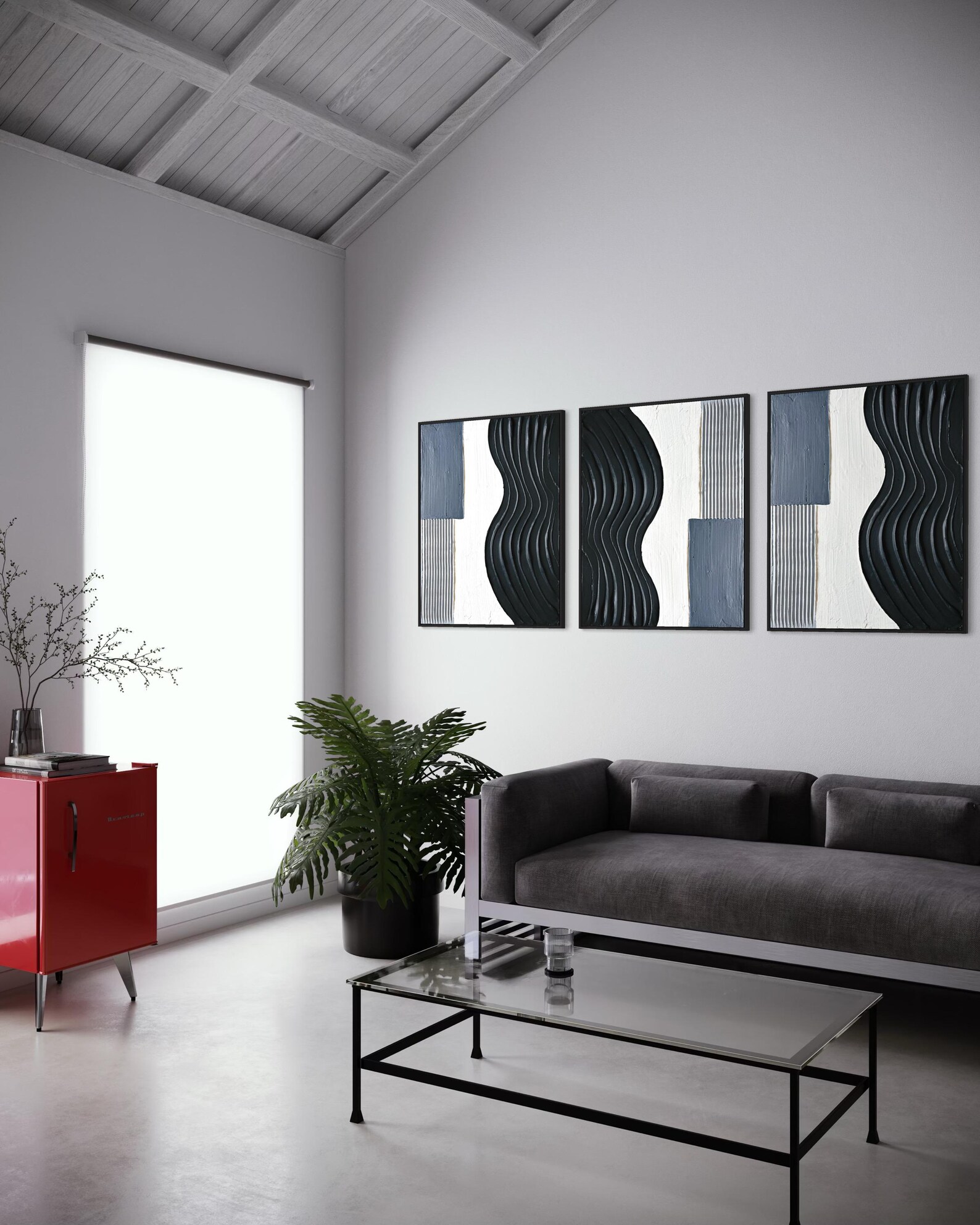 GEOMETRIC Set of 3 Grey Black Wall Art Modern Textured Art Plaster Art ...
