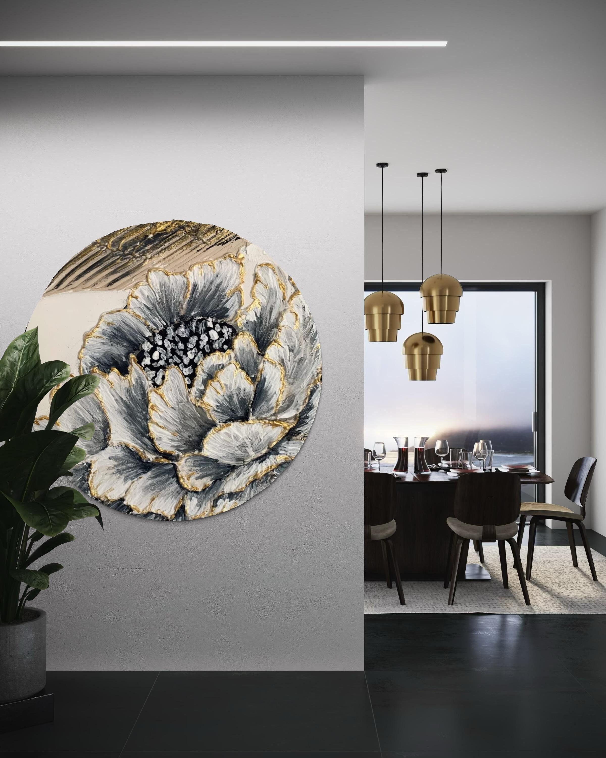 FLOWER Beige Wall Art Circle Modern Textured Art Plaster Art 3D ...