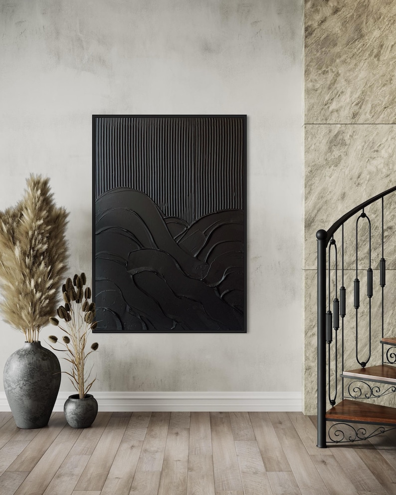 KERES BLACK Wall Art Modern Textured Art, Plaster Art, Waves Minimalist ...