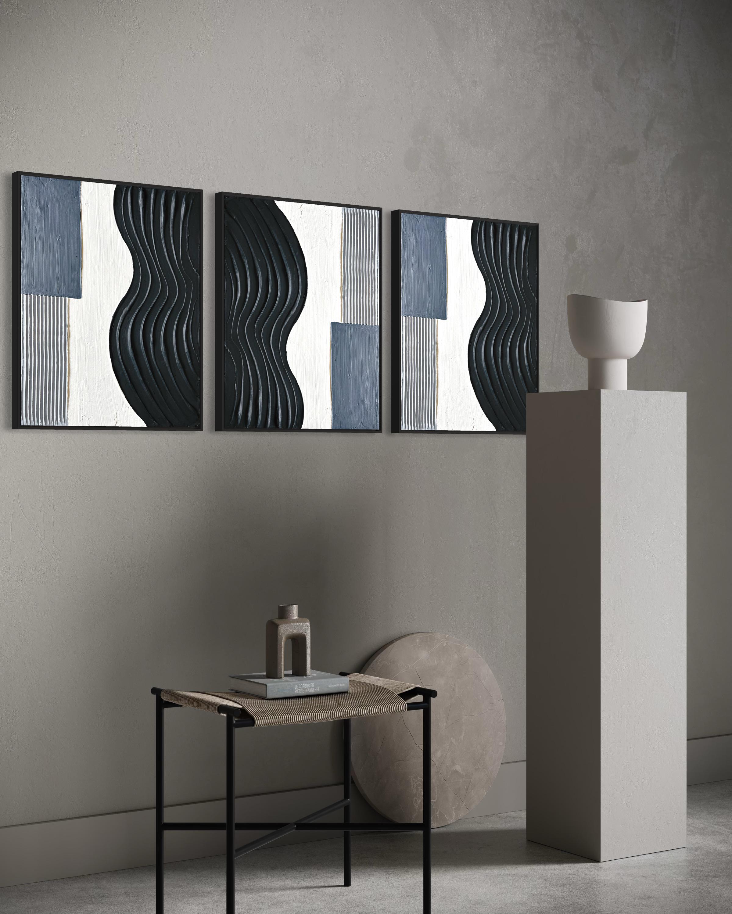 GEOMETRIC Set of 3 Grey Black Wall Art Modern Textured Art Plaster Art ...