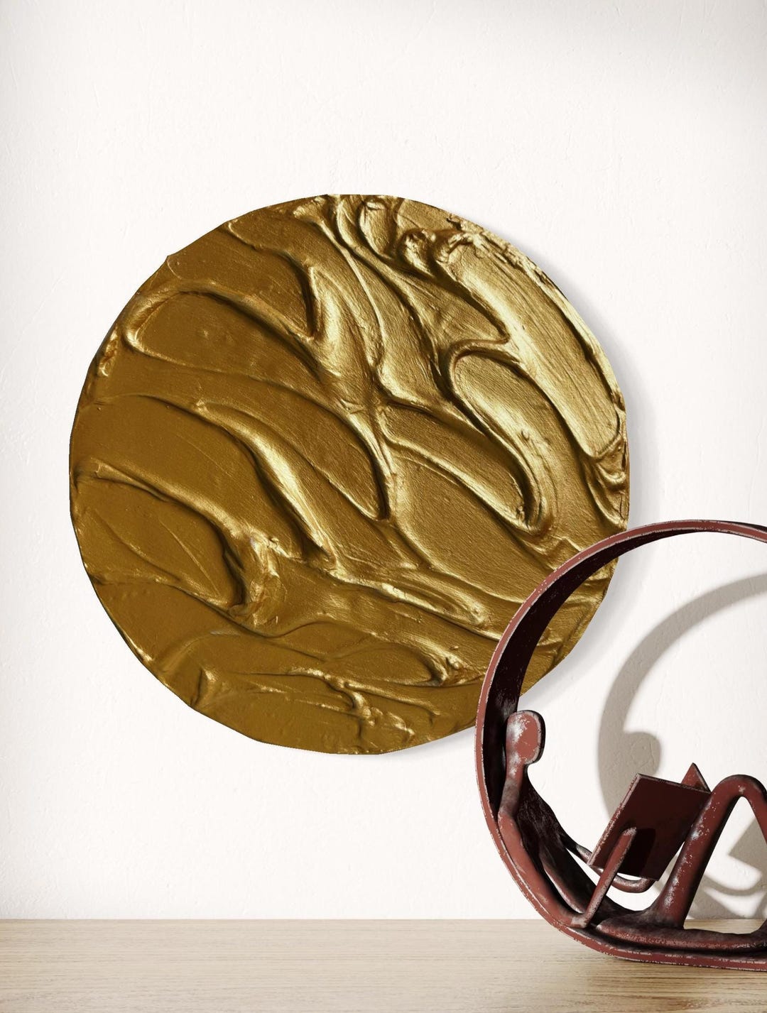 GOLD LILITH Shelf Art 20cm Wall Art Circle Modern Textured Art Plaster ...