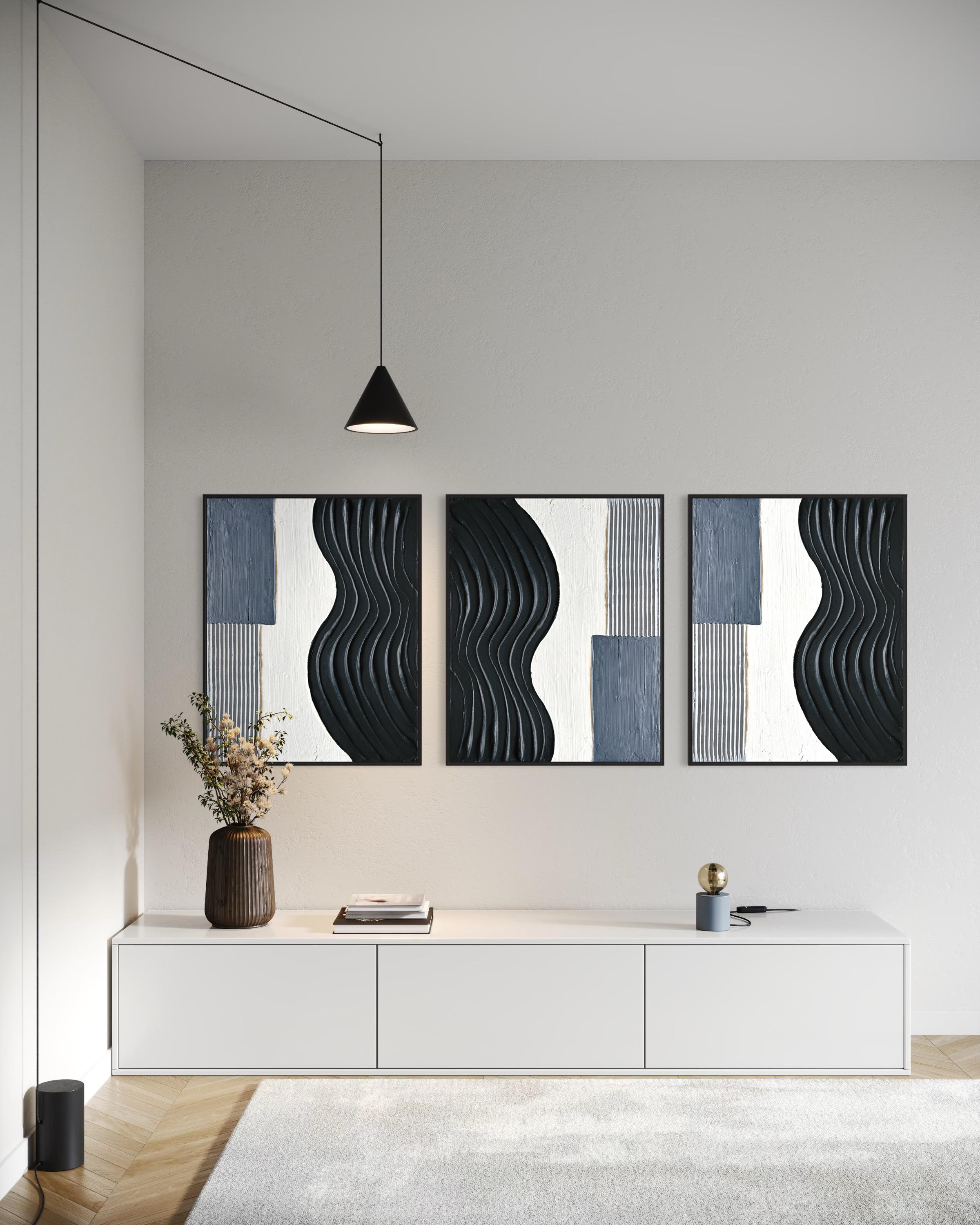 GEOMETRIC Set of 3 Grey Black Wall Art Modern Textured Art Plaster Art ...