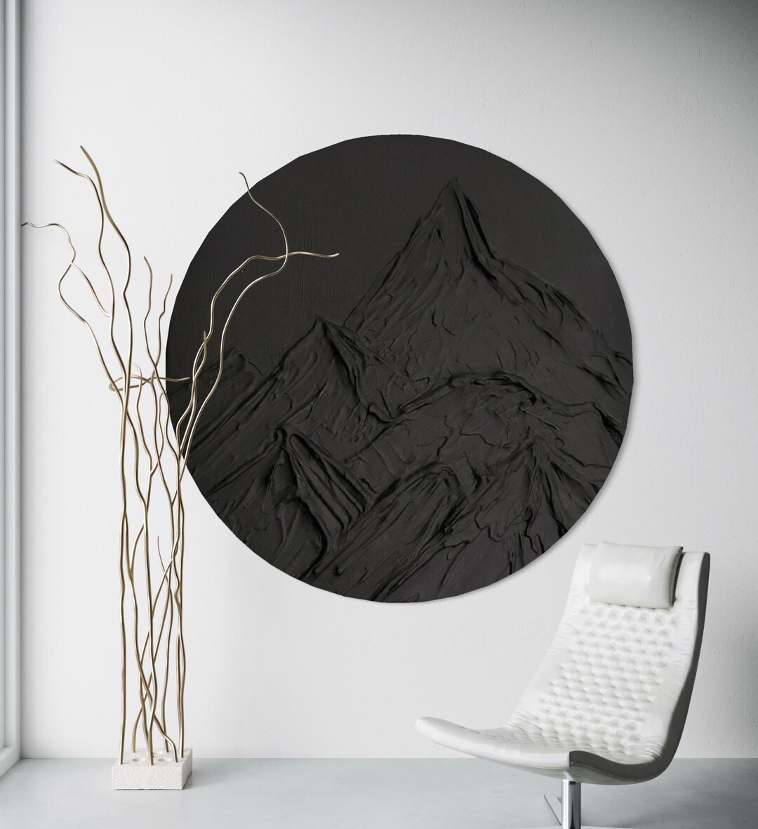 MOUNTAINS BLACK Wall Art Circle Modern Textured Art Plaster Art 3D ...