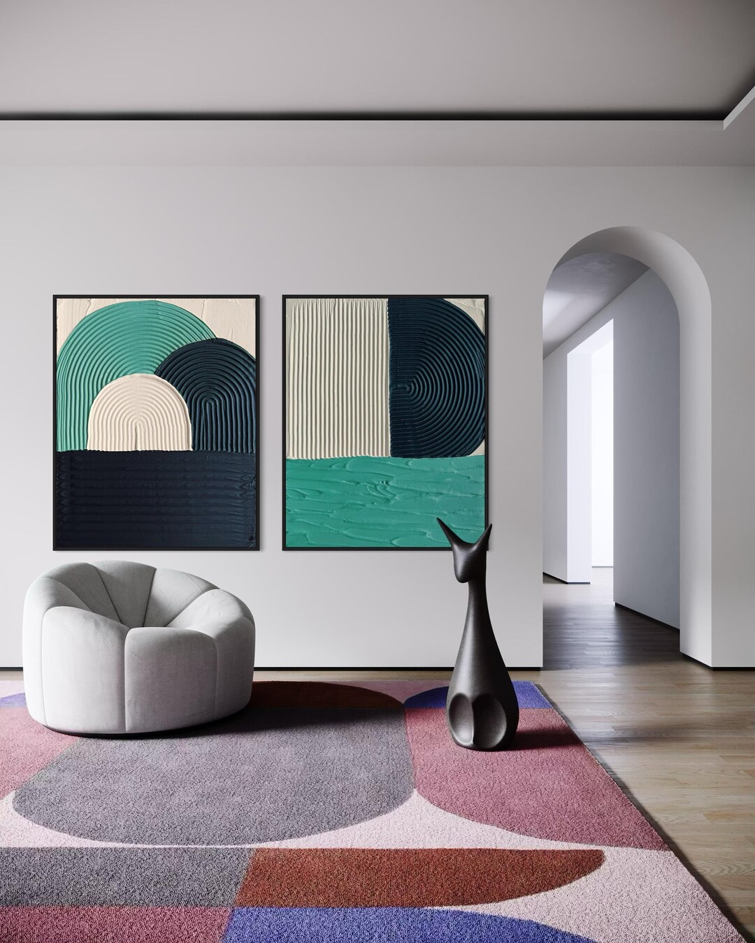 ZEN ARCH V Set of 2 Black Beige Green Diptych Wall Art Modern Textured ...