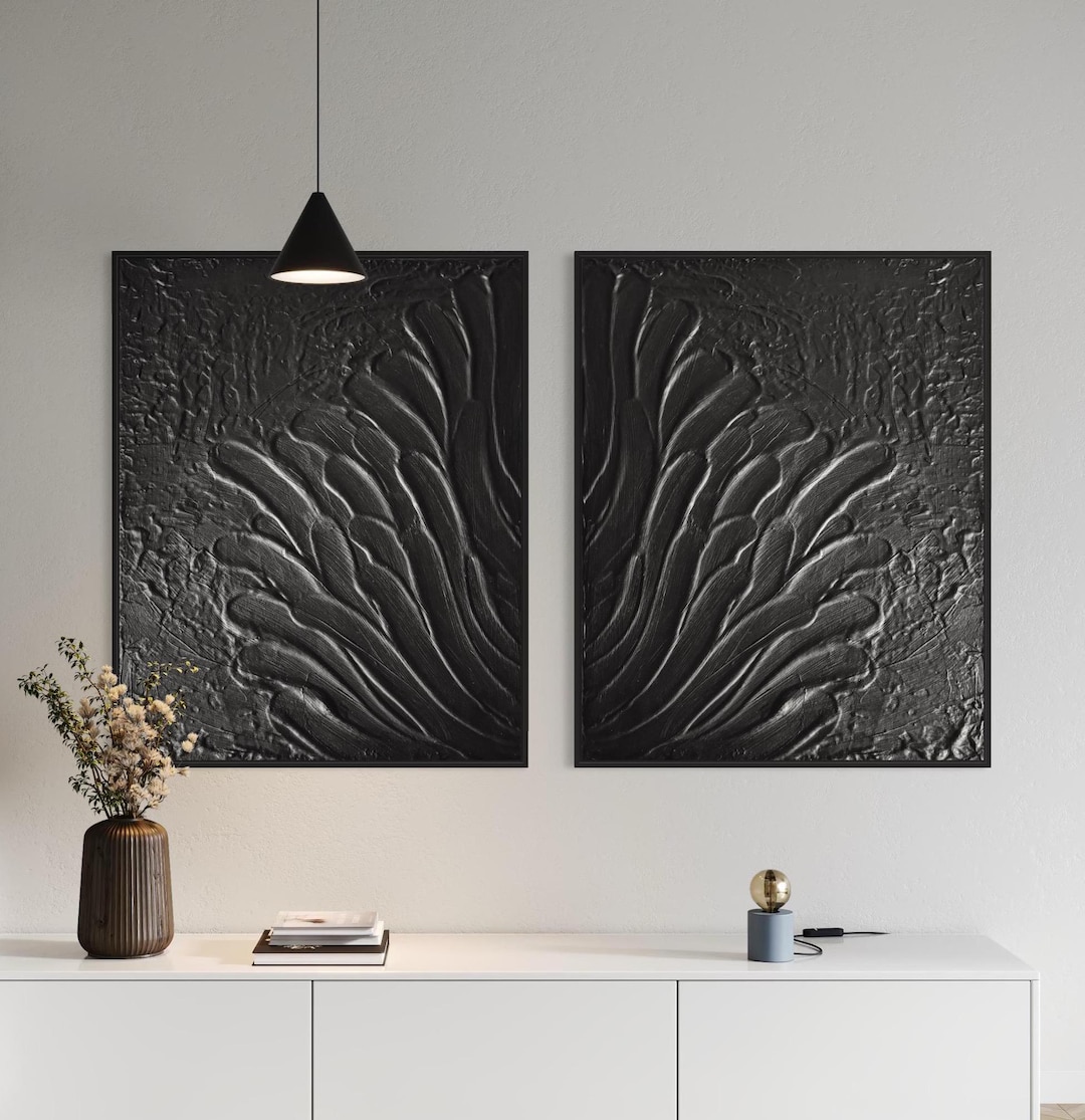 DEMETER Set of 2 Black Wall Art Modern Textured Art Plaster Art ...