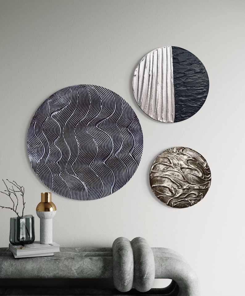 TRIO SILVER BLACK Wall Art Set of 3 Circle Triptych Modern Textured Art ...