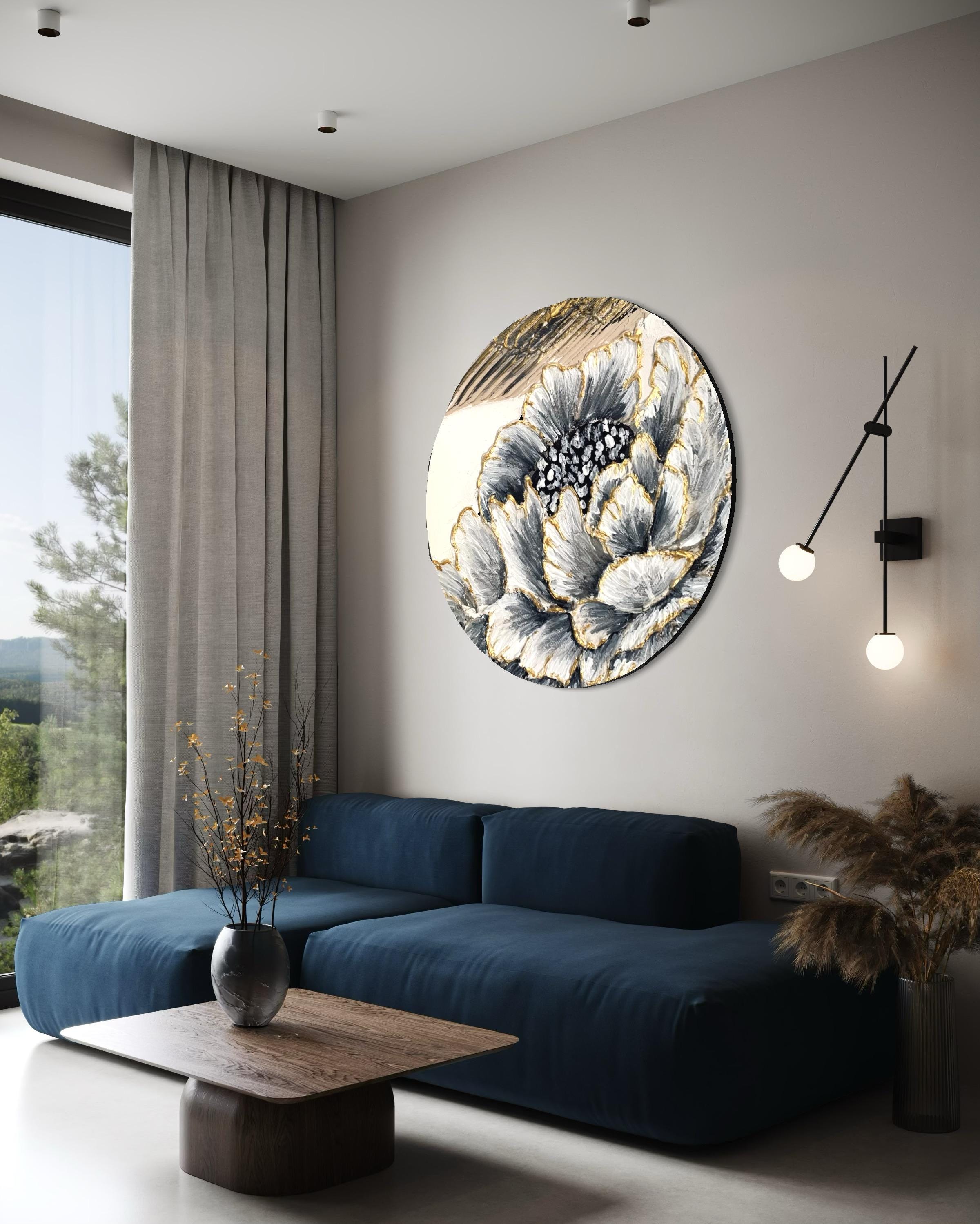 FLOWER Beige Wall Art Circle Modern Textured Art Plaster Art 3D ...