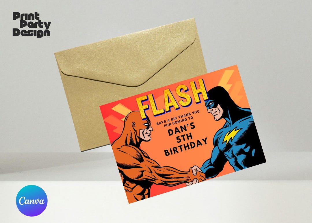 Editable Flash Thank You Card, Printable Flash Birthday Party Thank You ...