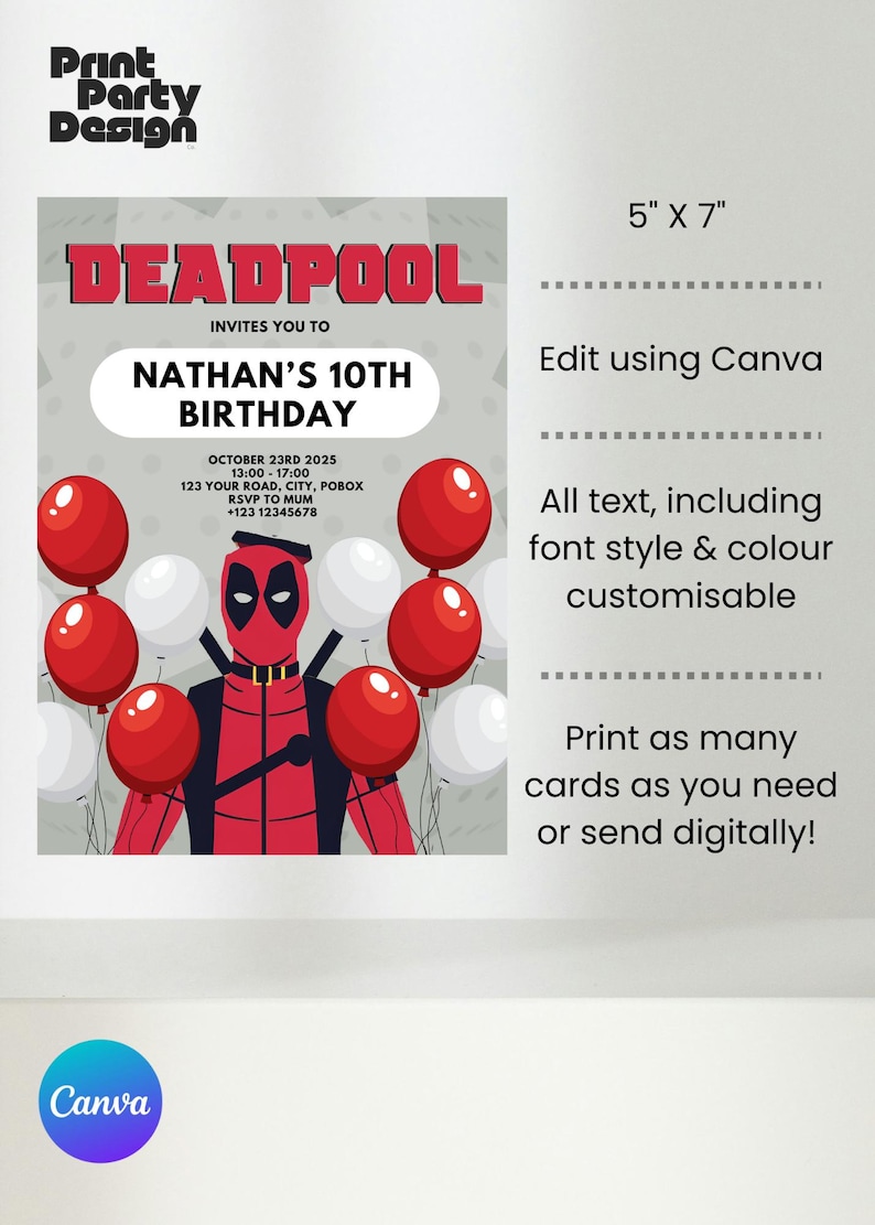 Customisable Deadpool Birthday Invitation Cards, Kids Birthday ...