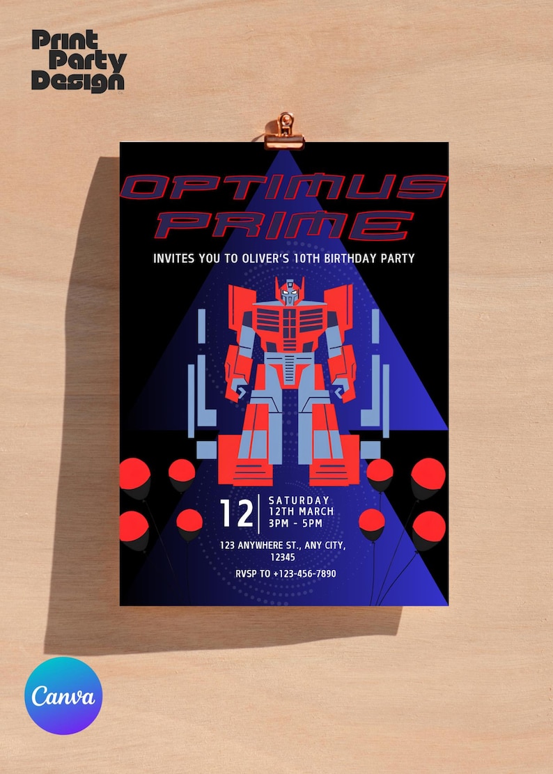 Editable Optimus Prime Birthday Invitation, Printable Optimus Prime ...