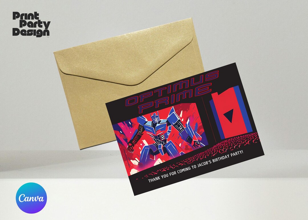 Editable Optimus Prime Thank You Card, Printable Optimus Prime Birthday ...