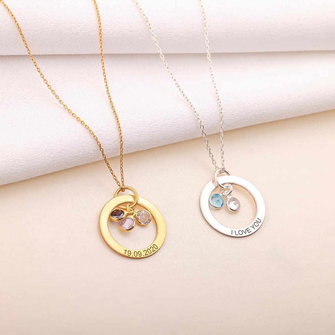 Circle Necklace With Birthstone Personalized Circle Necklace Custom ...