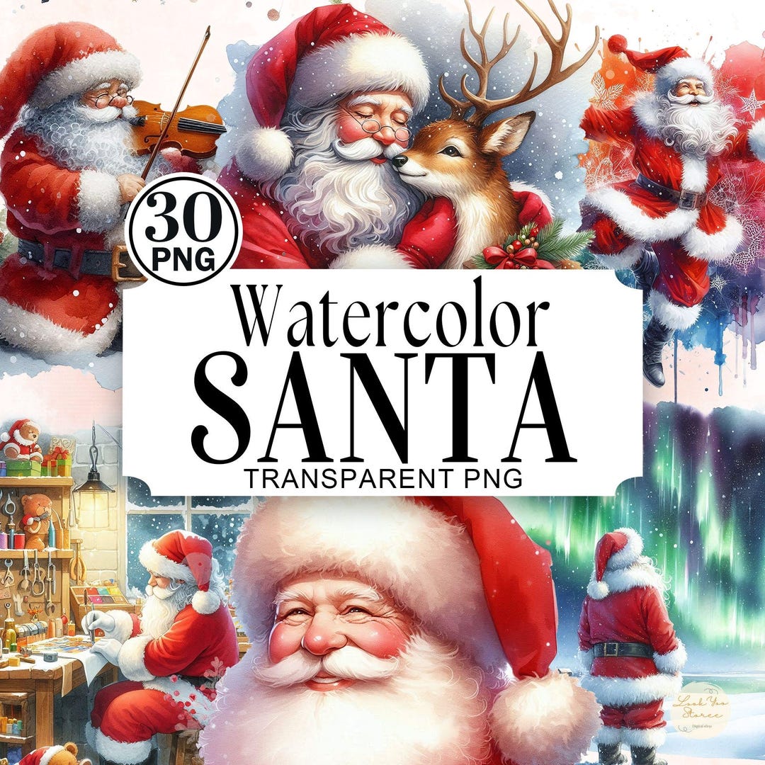 30 Watercolor Santa Claus Clipart, Christmas Santa Claus Png Bundle ...