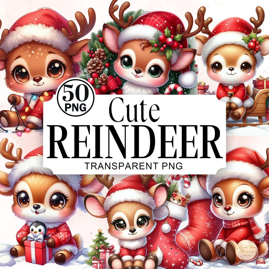 50 Watercolor Cute Reindeer Clipart, Santa Reindeer Png Bundle, Funny ...