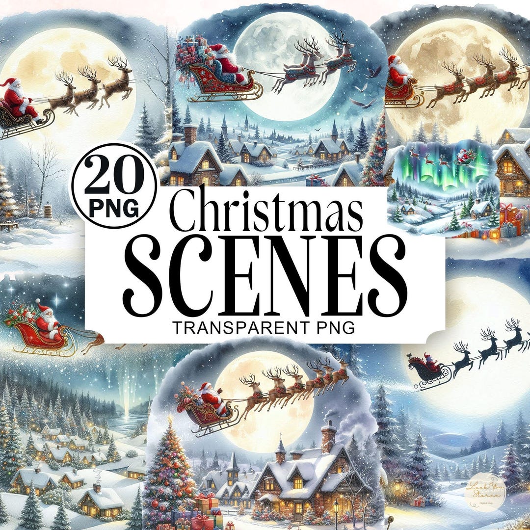 20 Watercolor Christmas Scenes Clipart, Christmas Village Png Bundle ...