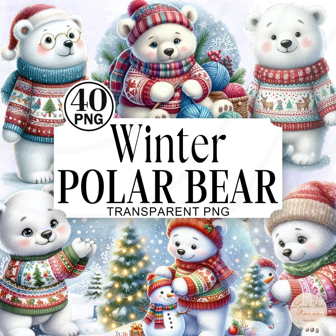 20 Watercolor Winter Polar Bear Clipart, Christmas Polar Bear Png ...