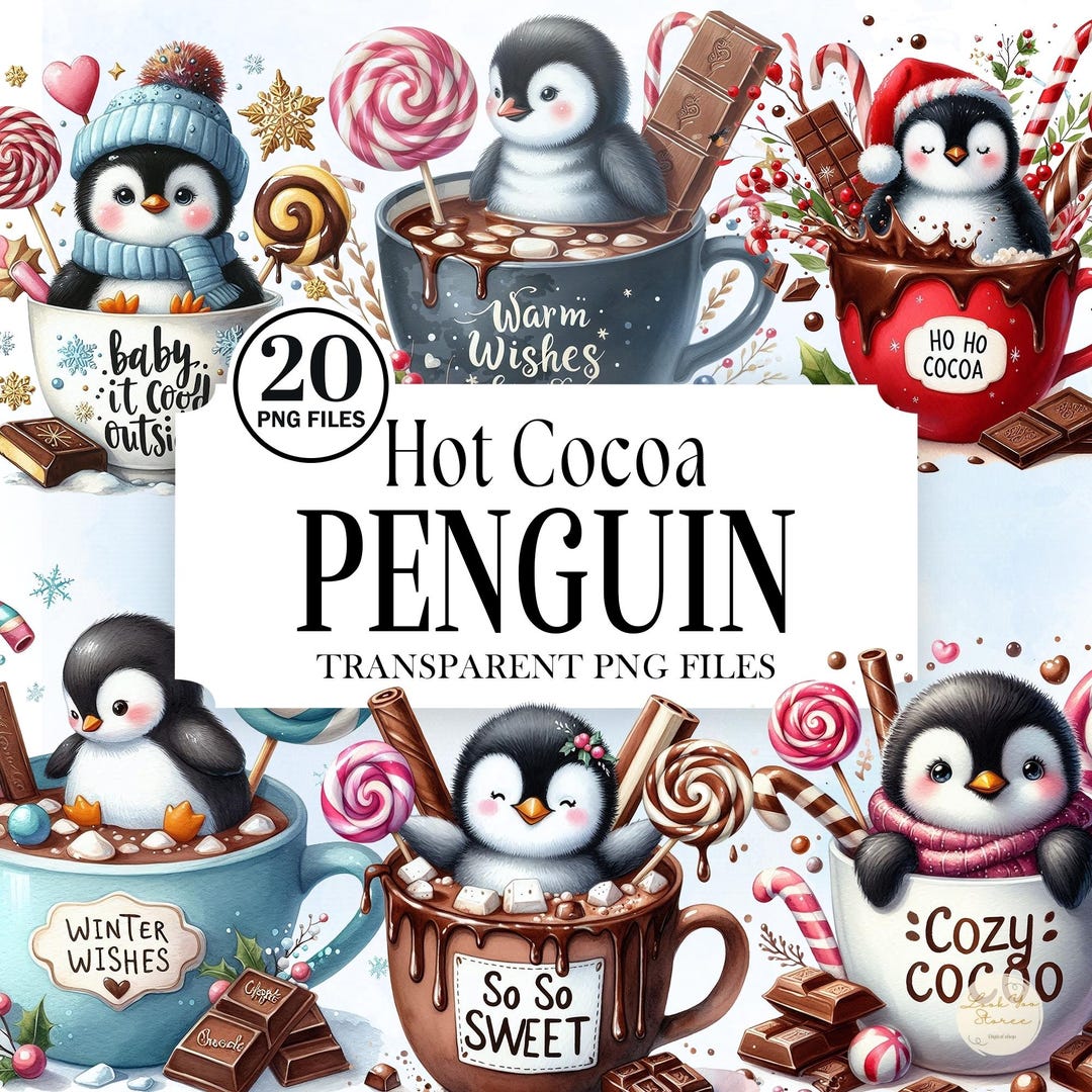 20 Watercolor Hot Cocoa Penguin Clipart, Christmas Penguin Png Bundle ...