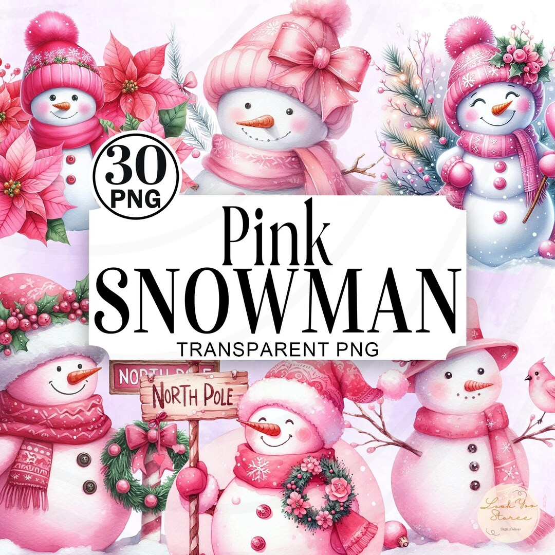 30 Watercolor Pink Snowman Clipart, Festive Snowman Png Bundle, Cute ...