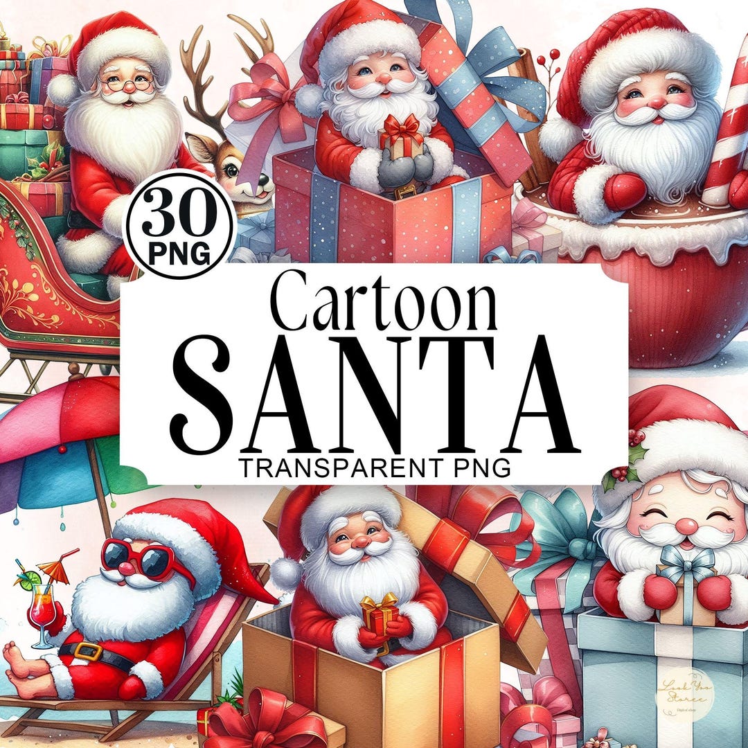 30 Watercolor Cartoon Santa Clipart, Christmas Santa Claus Png Bundle ...